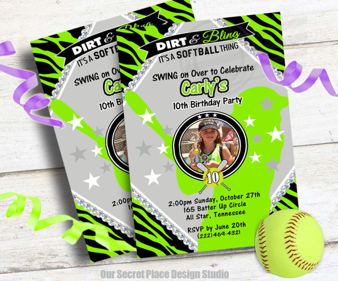 Girls Digital Softball Birthday Party Invitations Sports Birthday Party ...