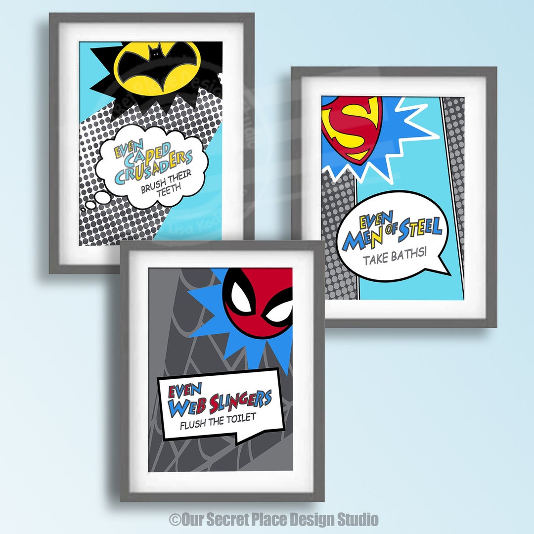 Kids Bathroom Prints Brush Wash Flush Boys Superhero Theme Room Boys ...