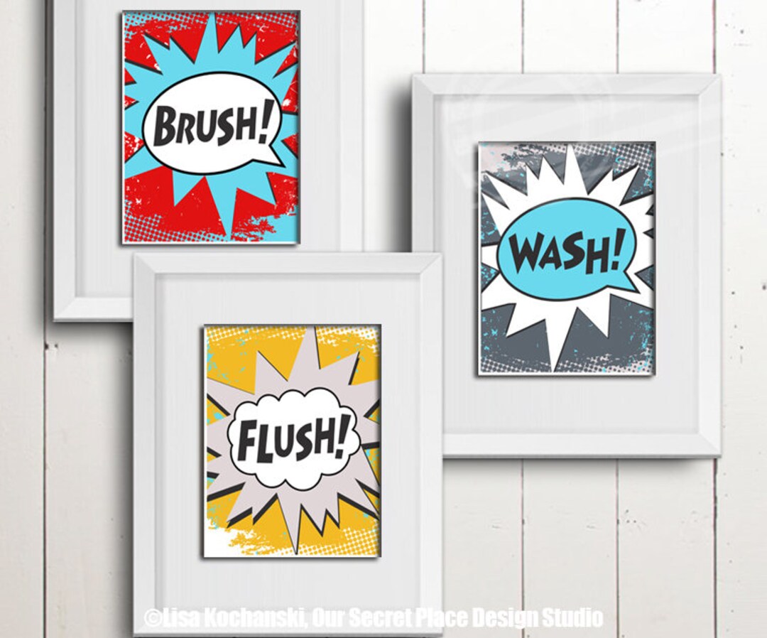 Superhero Bathroom Wall Art Kids Bathroom Wall Art Superhero Bathroom ...