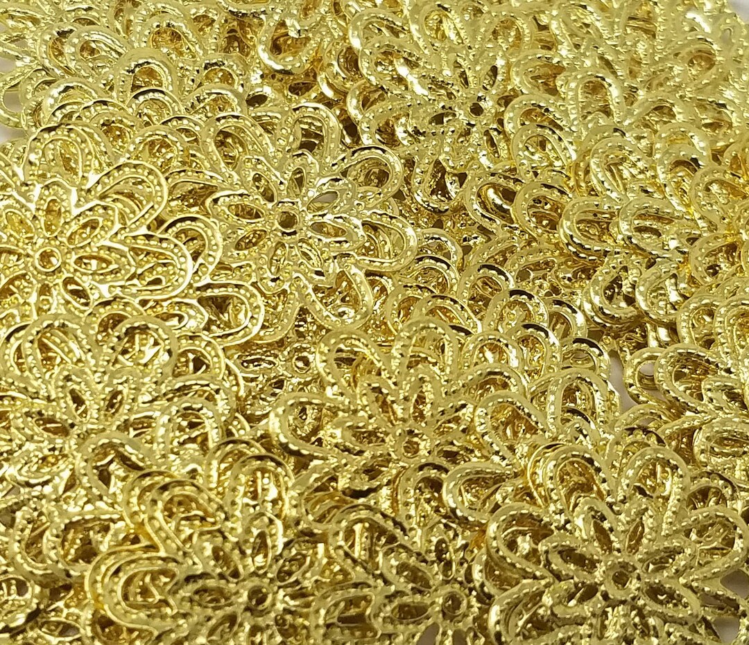 100 Pcs Gold Tone Metal Filigree Flower Floral Disc Sequins Craft ...