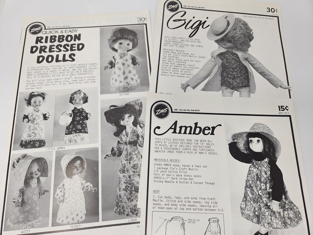 Lot of 3 Vintage Zim's Doll Making Sewing Patterns Ribbon Dresses Soft ...