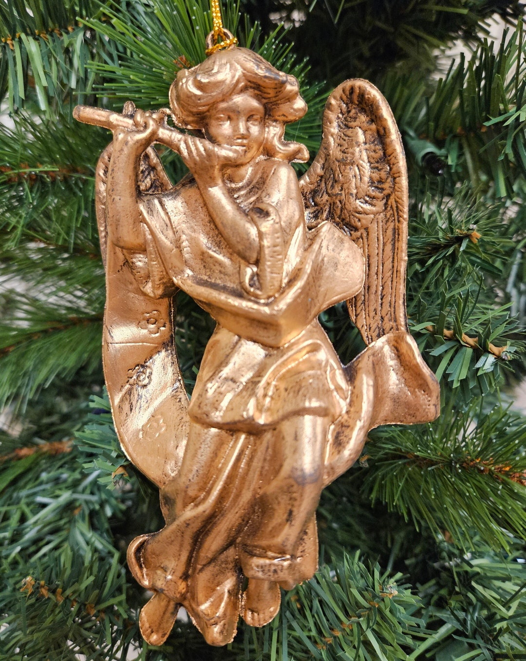 Lot of 3 Vintage 6" Antiqued Gold Bronze Angel With Flute or Violin ...