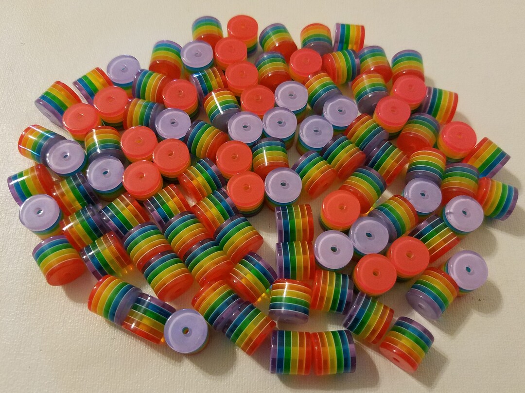Lot of 100 Multi-color Rainbow Striped 10mm Column Resin Rainbow Beads ...