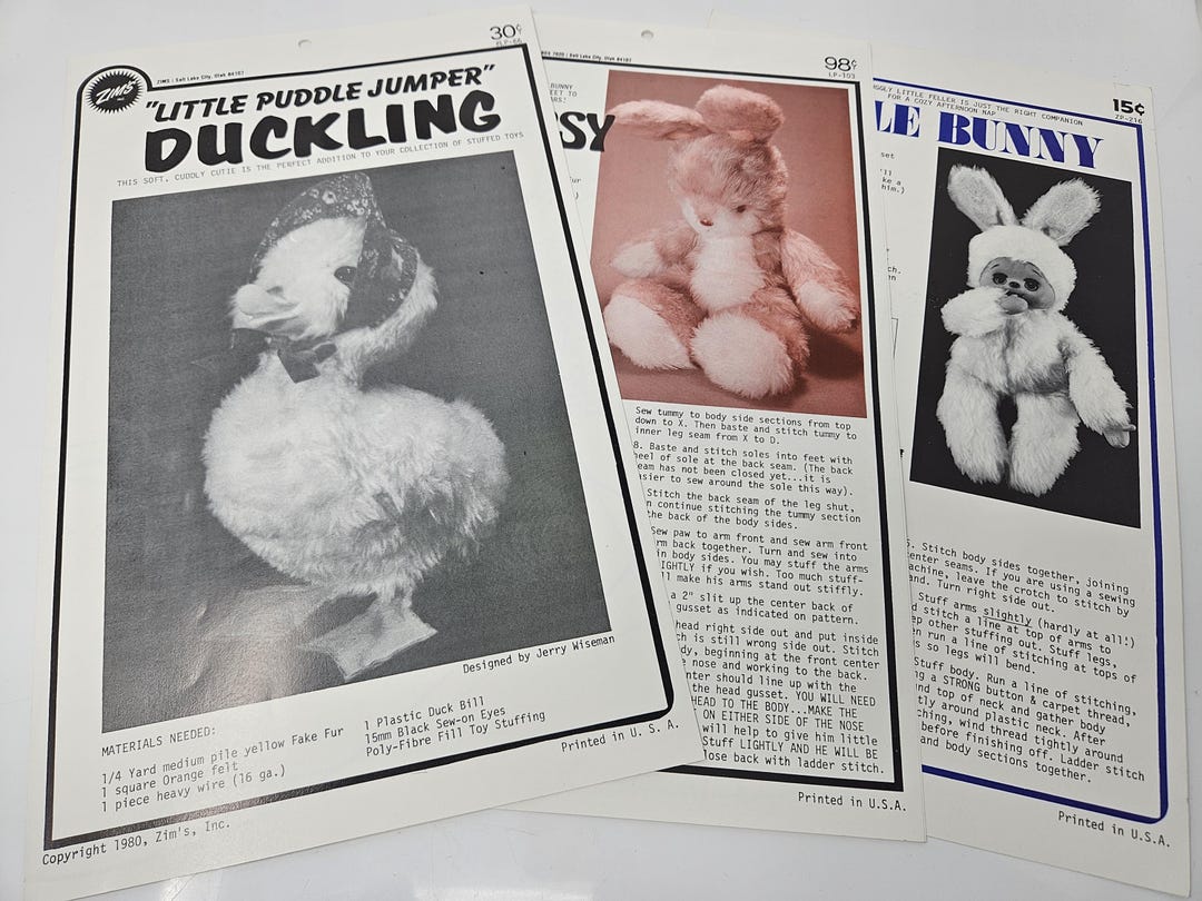 Lot of 3 Vintage Zim's Bunny Rabbit Duck Animal Plush Doll Making ...