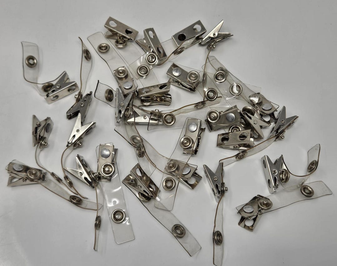 25 Pcs Silver Metal Snap on Name Tag ID Lanyard Badge Clips With Clear ...
