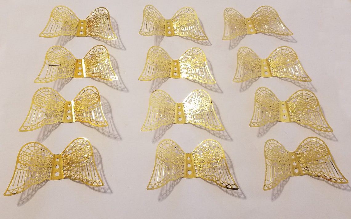 12 Pair of Vintage Miniature 2-3/8" Gold Metal Filigree Angel Wings for ...