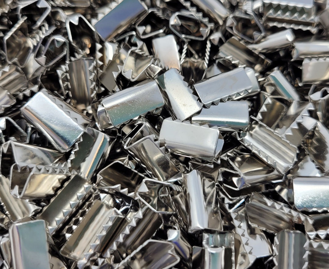 100 Pcs Silver Metal 1/2" 13mm Fabric Ribbon Strap Crimp Bar Clamp Claw ...