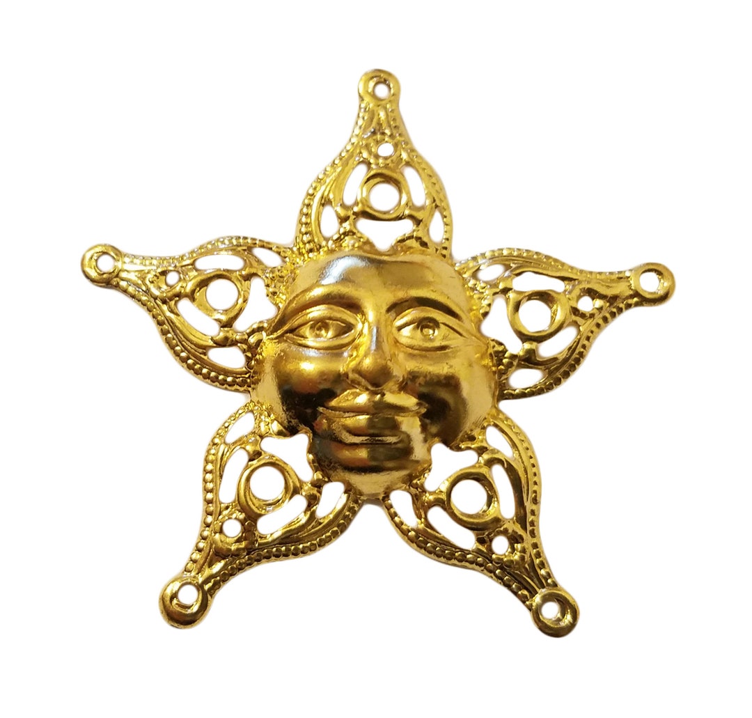 10 Pcs Vintage Gold Metal Filigree Smiling Sun Star Face Craft ...