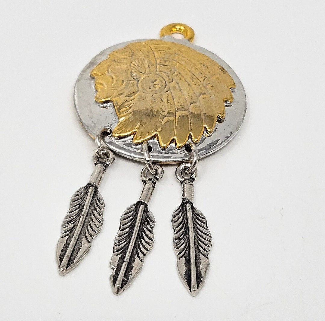 Vintage Indian Tribal Chief Gold & Silver Metal Charm Pendant With Drop ...