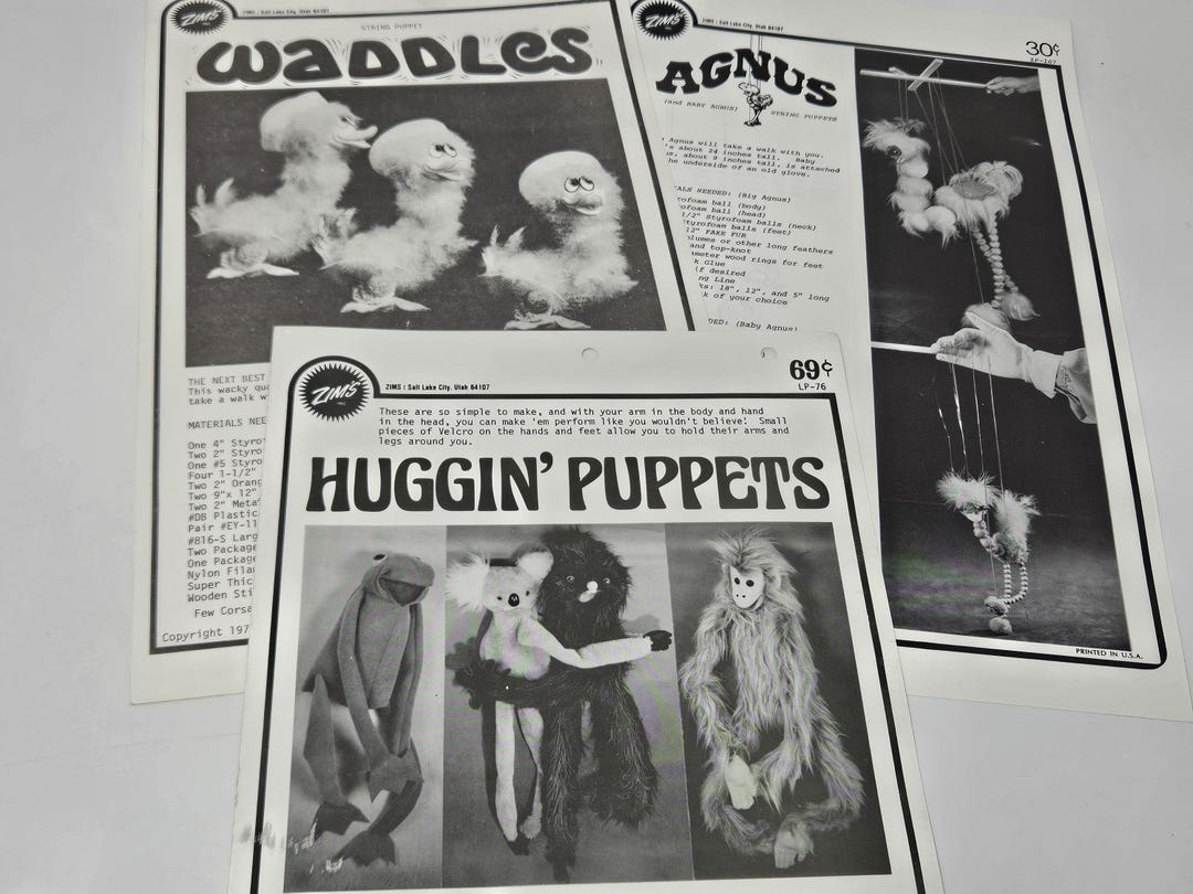 Lot of 3 Vintage Zim's String & Hand Puppet Animal Doll Making Sewing ...
