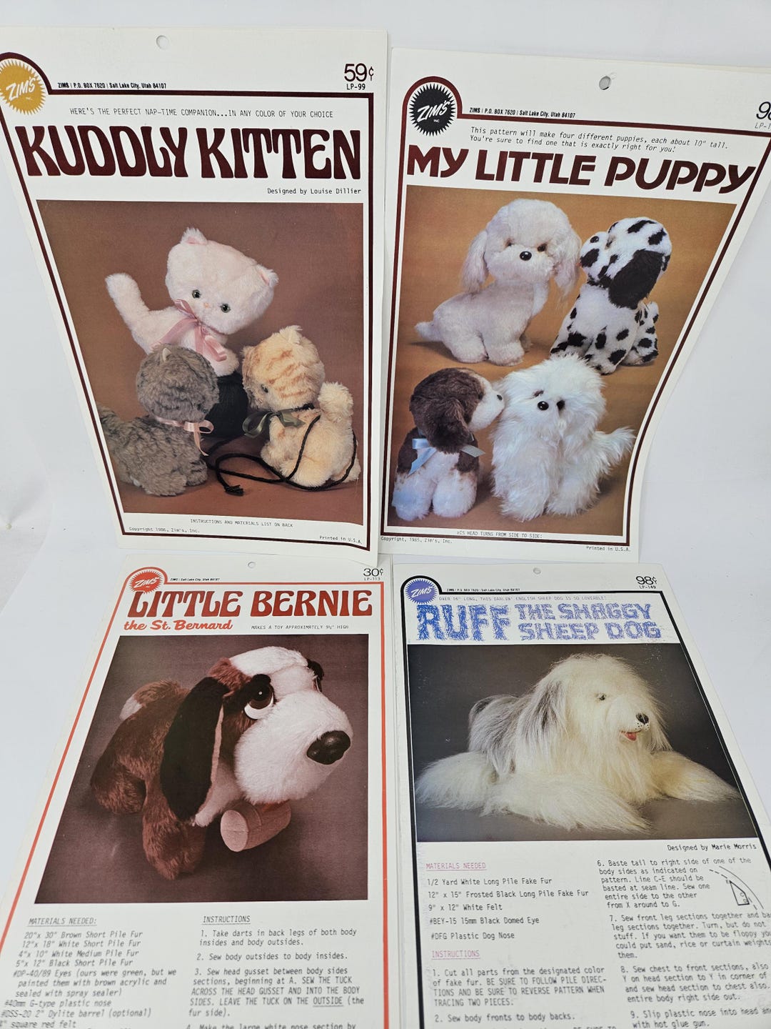 Lot of 4 Vintage Zim's Dog Puppy Kitten Animal Doll Making Sewing ...