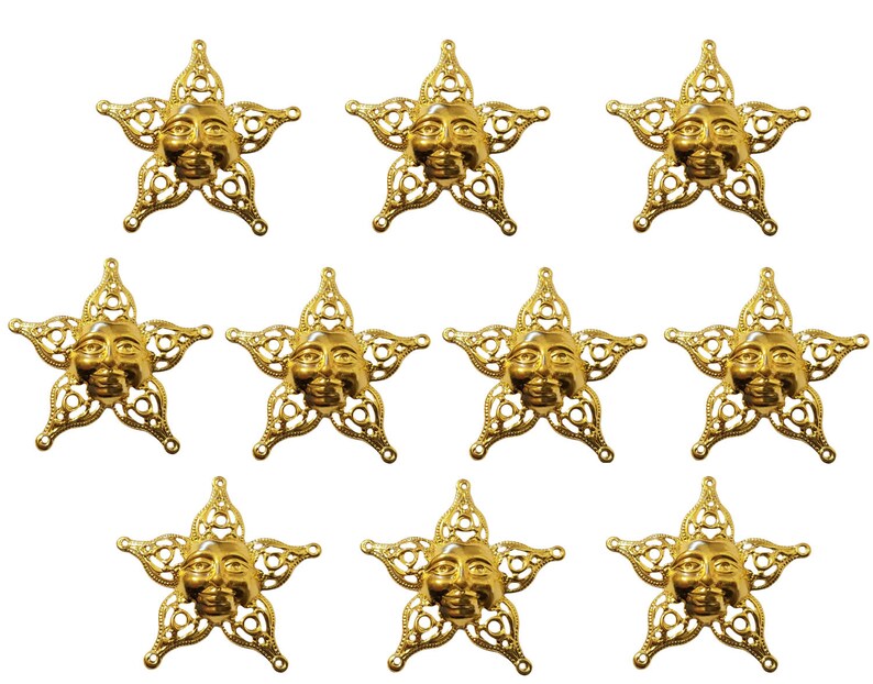 10 Pcs Vintage Gold Metal Filigree Smiling Sun Star Face Craft ...