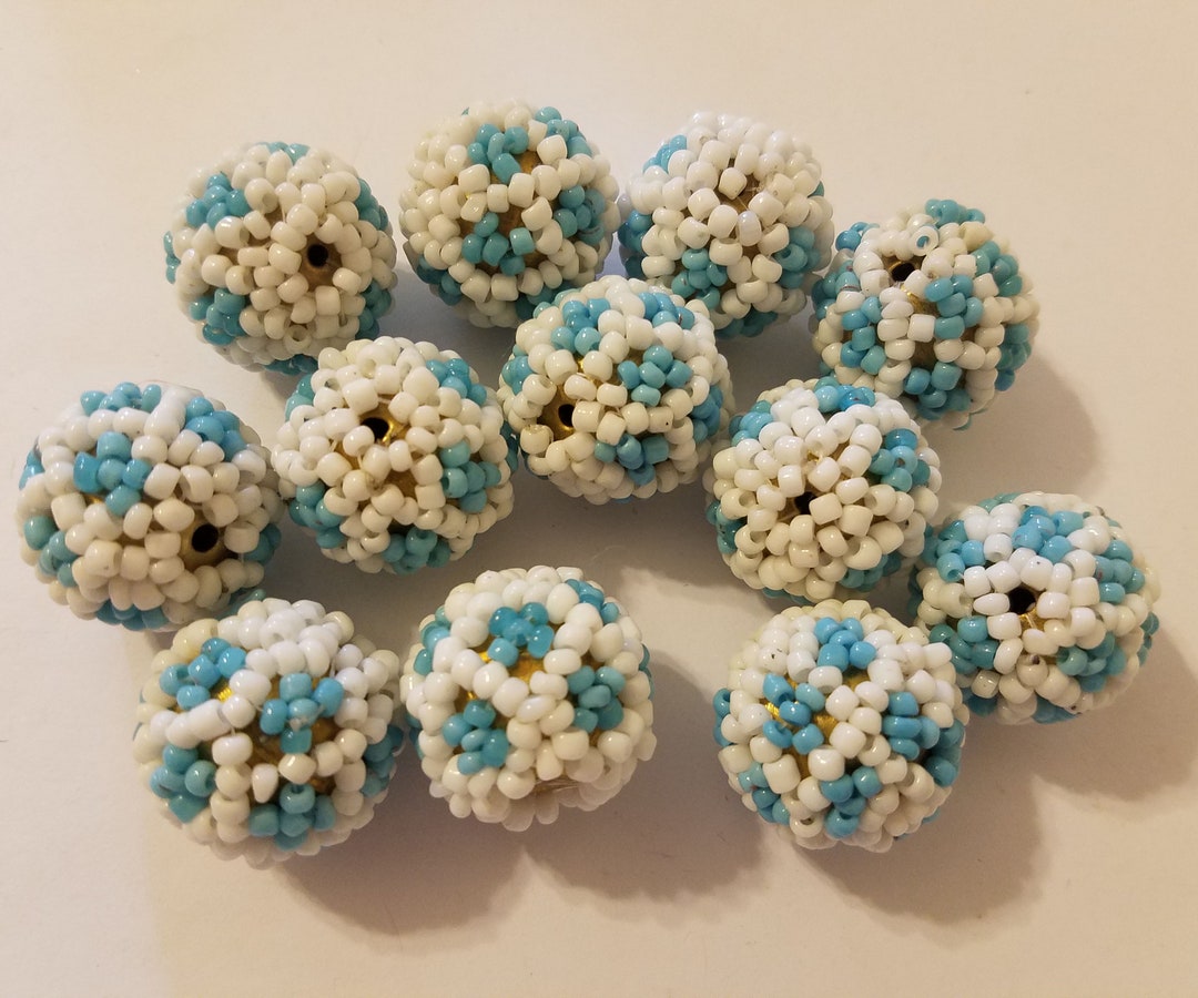 12 Pcs Blue & White Beaded Ball Sphere Vintage Craft Seed Beads Large ...