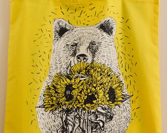 Bear Art Print Silk Screen Printed Cute Bear with Sunflowers | Etsy