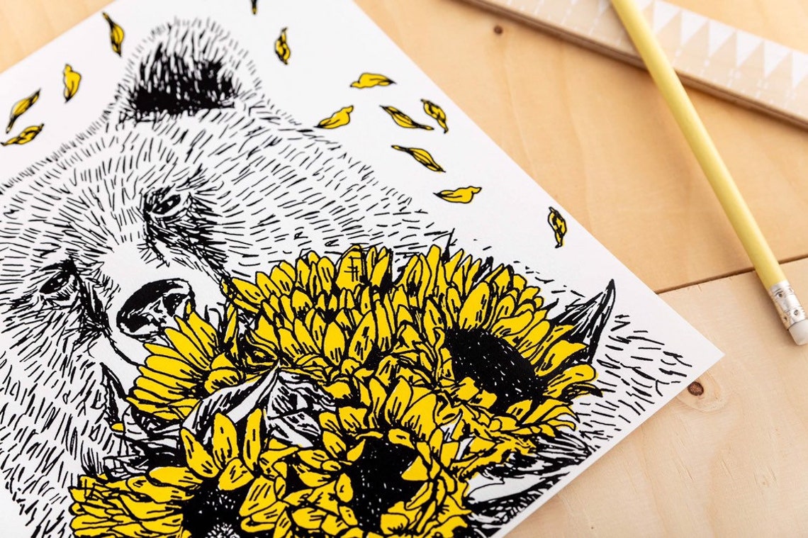 Bear Art Print Silk Screen Printed Cute Bear With Sunflowers - Etsy
