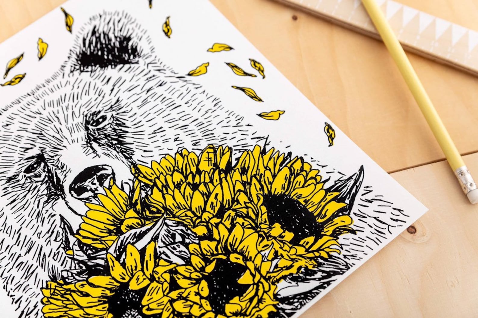 Bear Art Print Silk Screen Printed Cute Bear With Sunflowers - Etsy