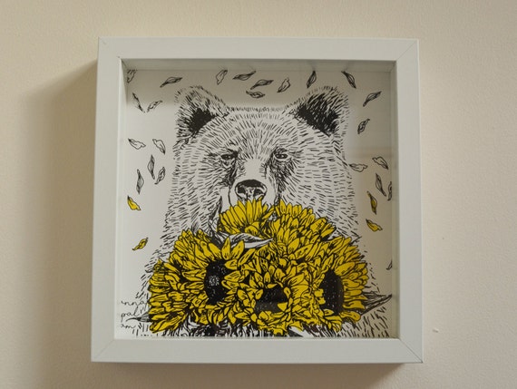 Bear Art Print Silk Screen Printed Cute Bear with Sunflowers | Etsy