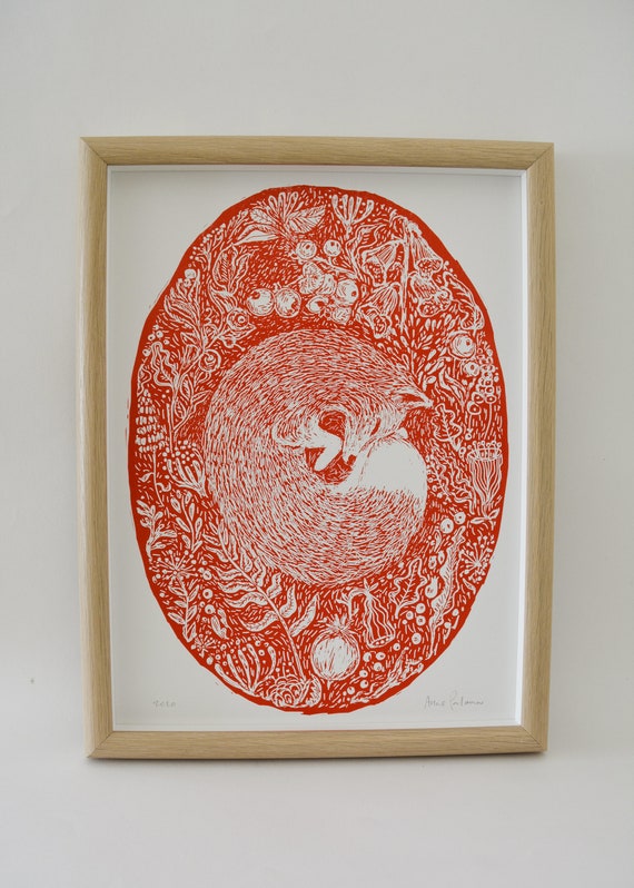 Woodland Fox Screen Print in Crimson Red | Etsy