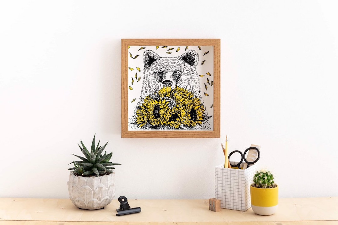Bear Art Print Silk Screen Printed Cute Bear With Sunflowers Two Colour ...