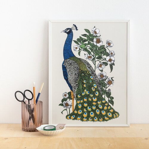Peacock and Floral Illustration Print Botanical Wildlife Wall - Etsy