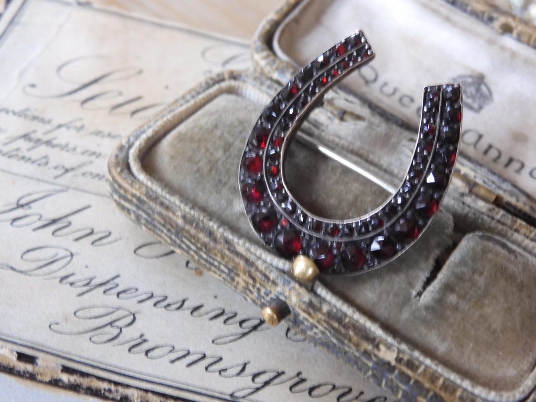 Victorian ANTIQUE Sterling Silver Genuine GARNET Lucky Horseshoe Brooch ...