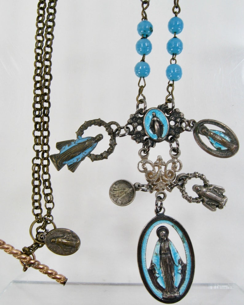 Assembled Vintage Miraculous Virgin Mary Enamel Medal Necklace Turquoise Glass Rosary Beads by ...