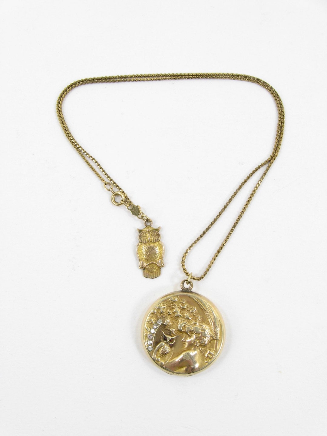 Antique Art Nouveau Picture Gold Filled Locket With Young Woman and Owl ...