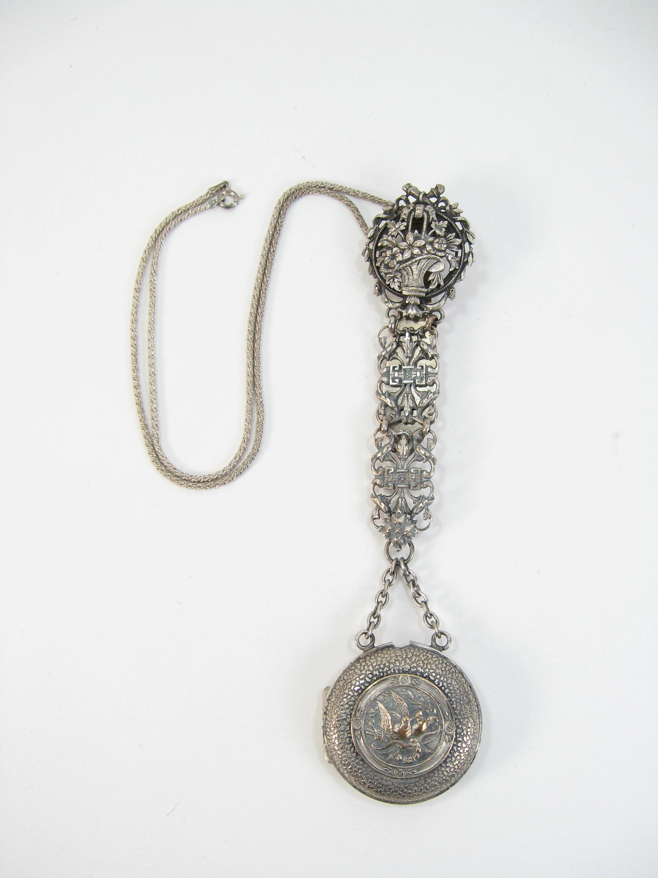 Antique Watch Chatelaine Necklace, Victorian Silver, Flower Basket and ...