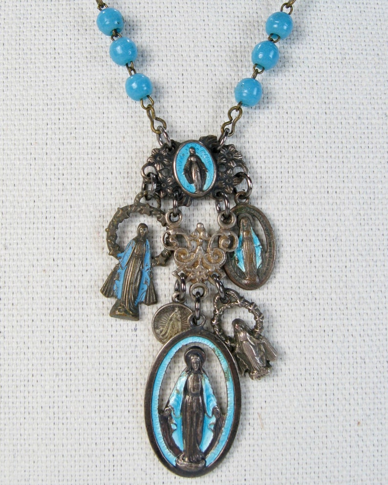 Assembled Vintage Miraculous Virgin Mary Enamel Medal Necklace Turquoise Glass Rosary Beads by ...