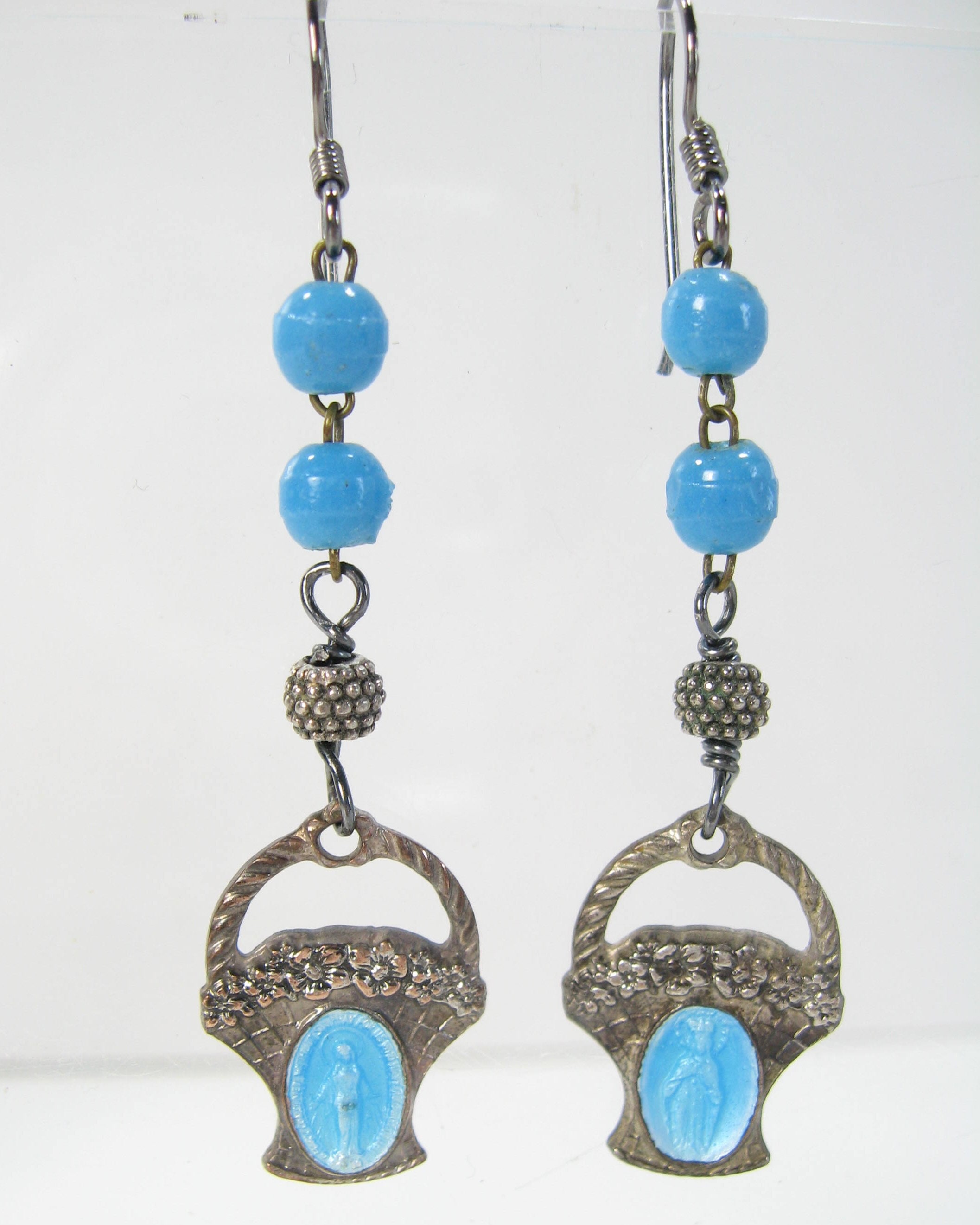 Assembled Vintage Miraculous Virgin Mary Enamel Medal Necklace Turquoise Glass Rosary Beads by ...