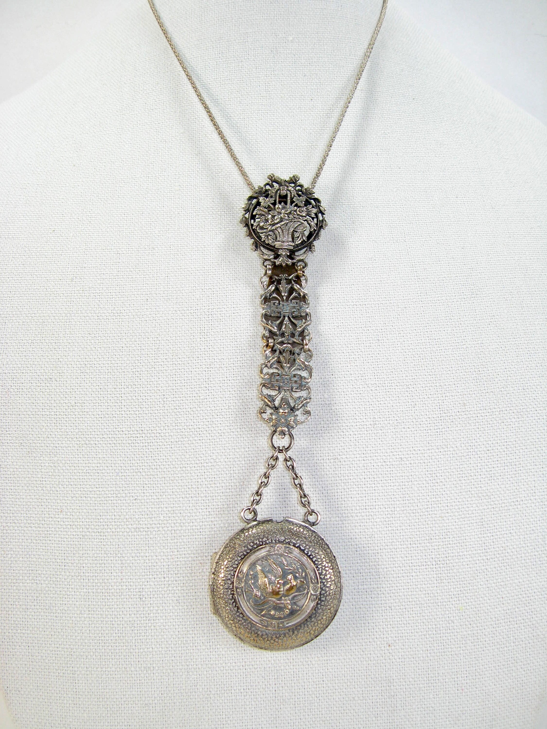 Antique Watch Chatelaine Necklace, Victorian Silver, Flower Basket and ...