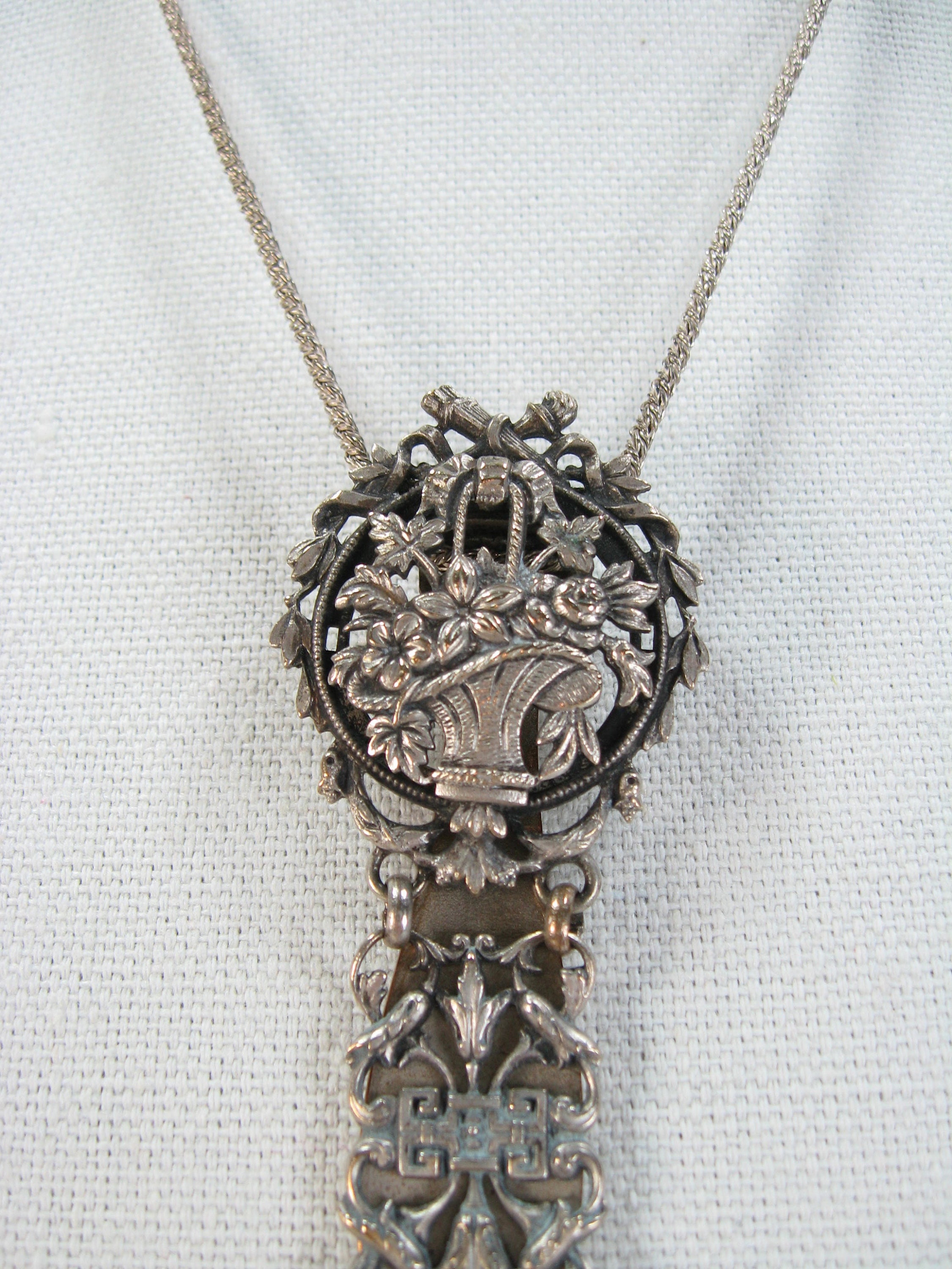 Antique Watch Chatelaine Necklace, Victorian Silver, Flower Basket and ...
