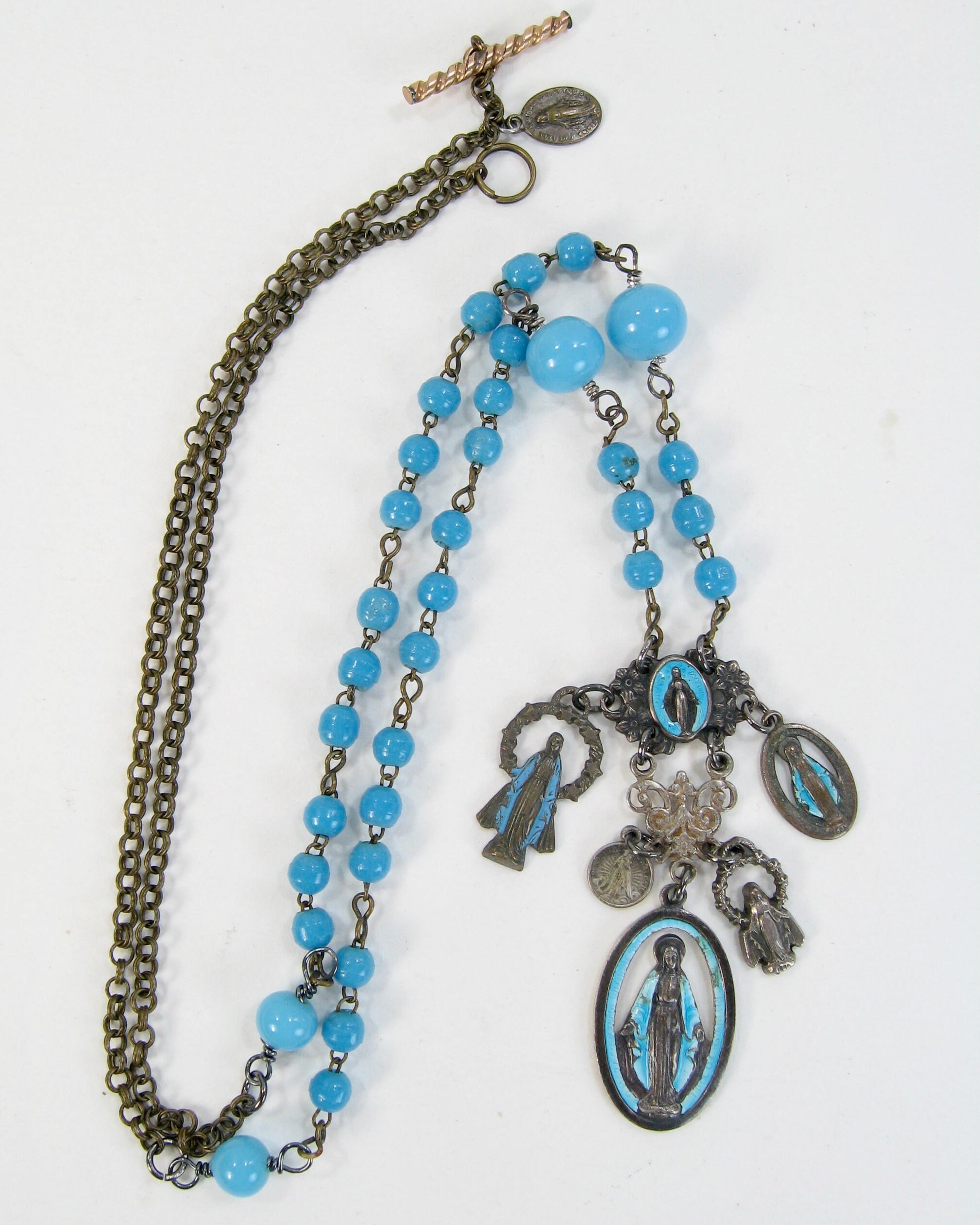 Assembled Vintage Miraculous Virgin Mary Enamel Medal Necklace Turquoise Glass Rosary Beads by ...