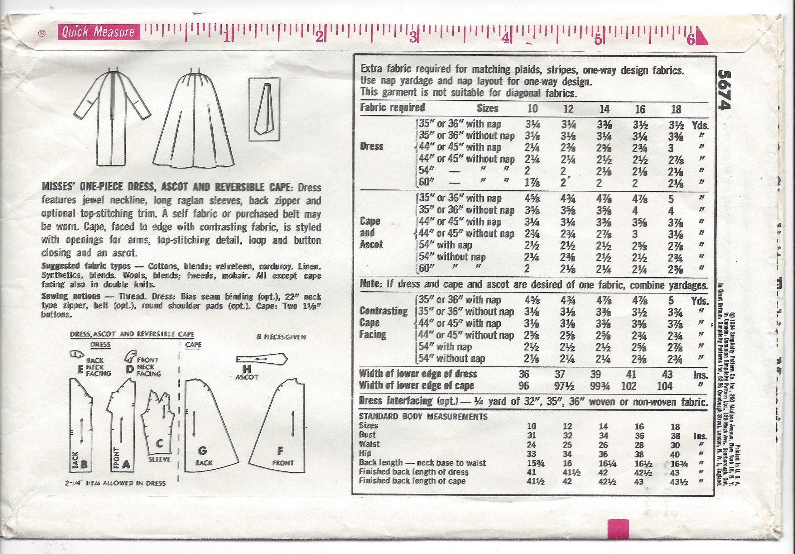 UNCUT 1960s Simplicity 5674 One Piece Long Raglan Sleeve Dress and Reversible Cape With Ascot ...
