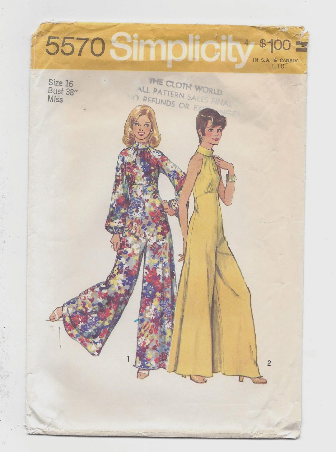 1970s Simplicity 5570 Misses' Jumpsuits With Rolled Collar Long Sleeves ...