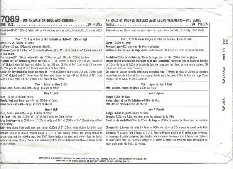 UNCUT 1990 Simplicity 7089 Fat Animals or Doll 17" High and Clothes, FF Faith Van Zanten Sewing ...