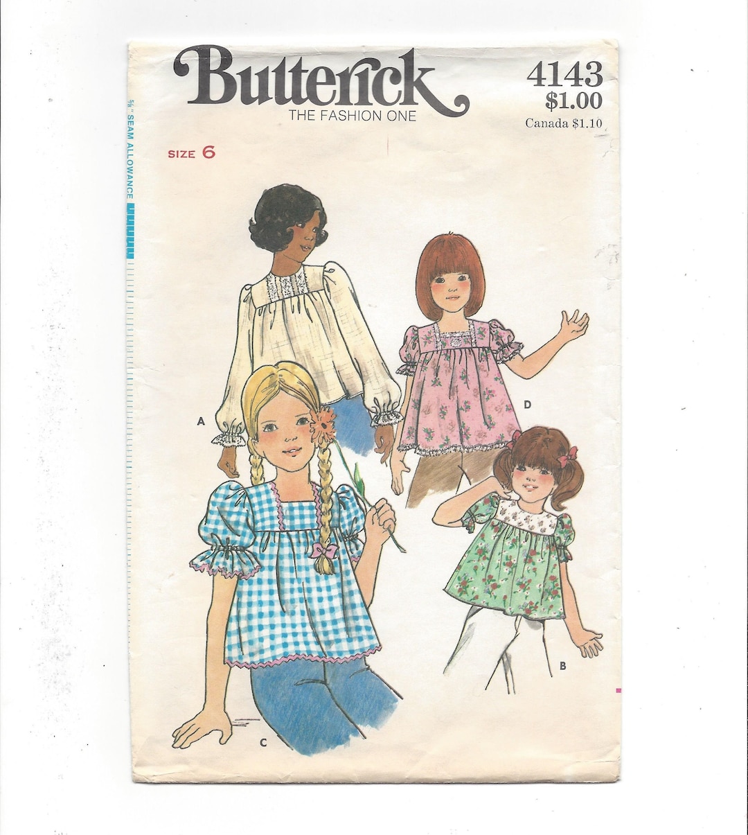 1970s Butterick 4143 Girls Smock Top Back Button Puffed Sleeves in Two ...