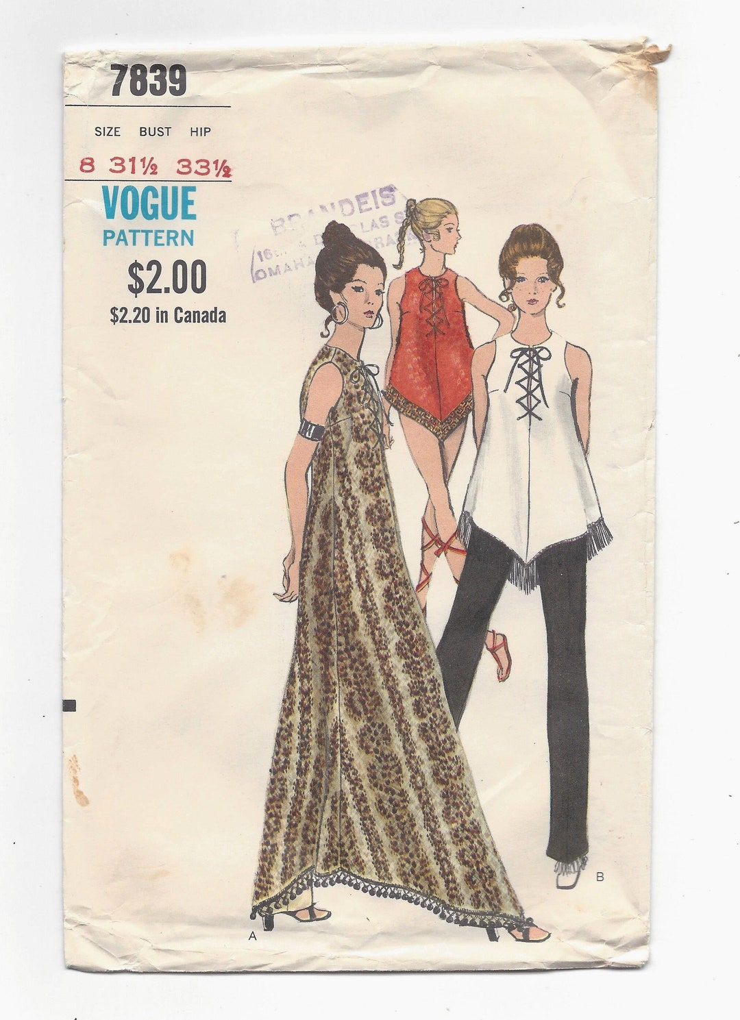 1970 Vogue 7839 Dress A-line Evening Length or Tunic & Pants, Jewel ...