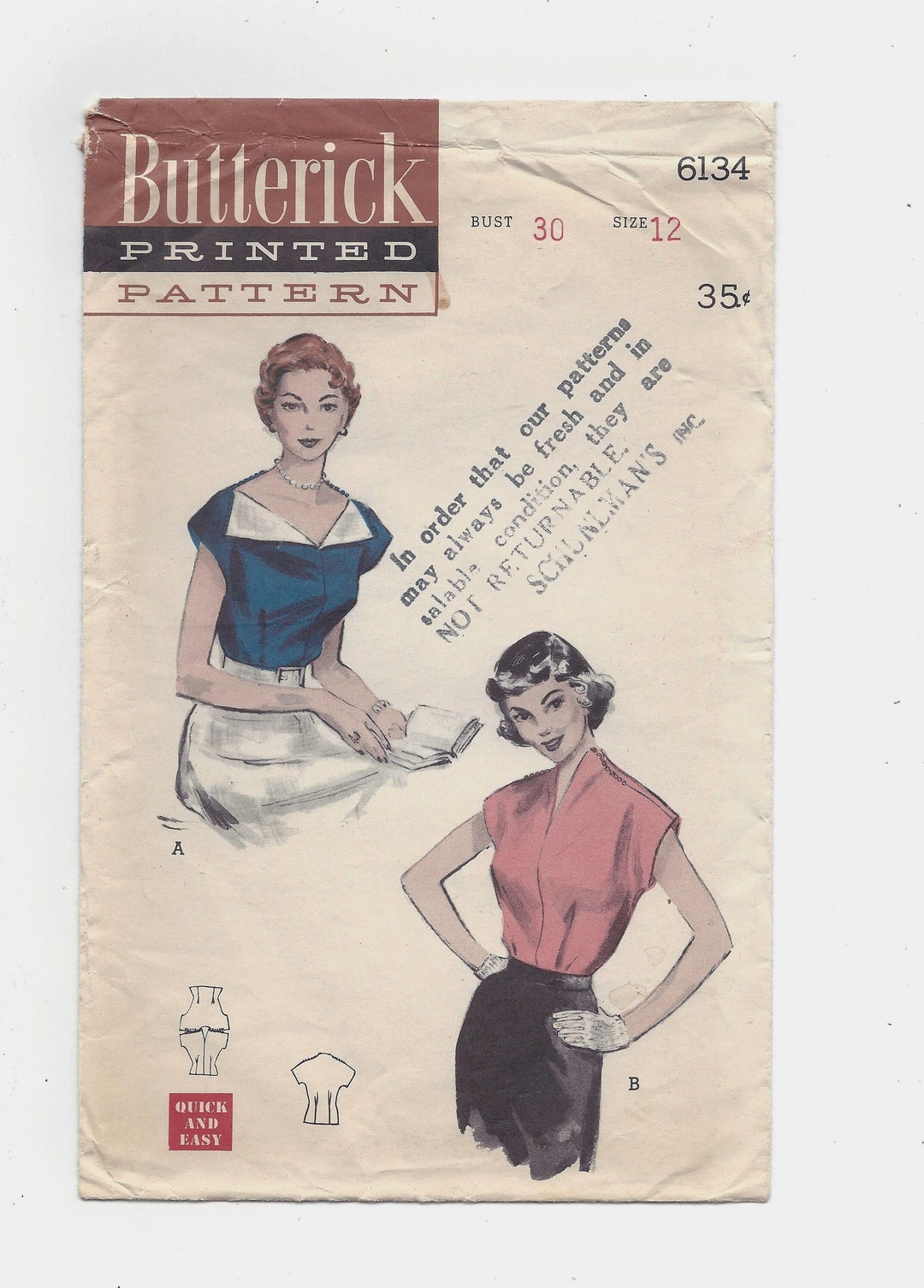 UNCUT 1950s Butterick 6134 Blouse With Kimono Sleeves Open or Closed ...