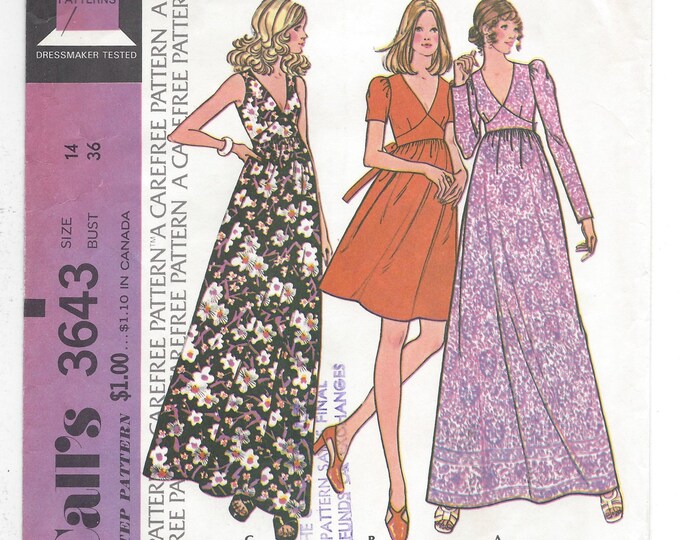 1970s Mccall's 3643 Dress in 2 Lengths With Midriff Puffed Sleeves ...