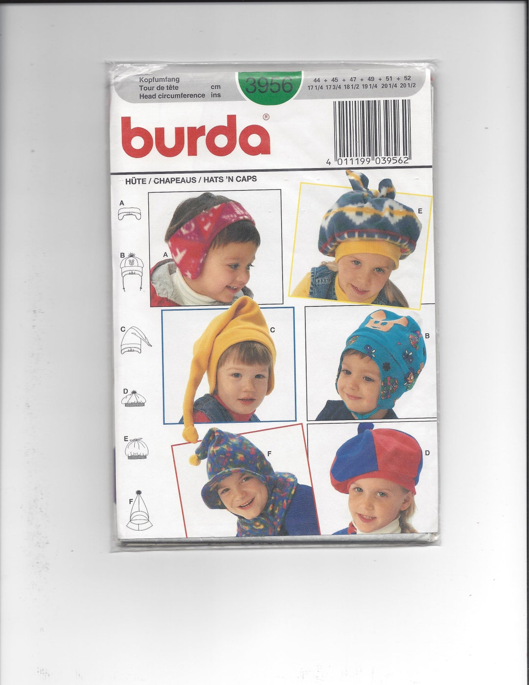 UNCUT Burda 3956 Children's Hats and Caps 6 Styles, Head Circumference ...