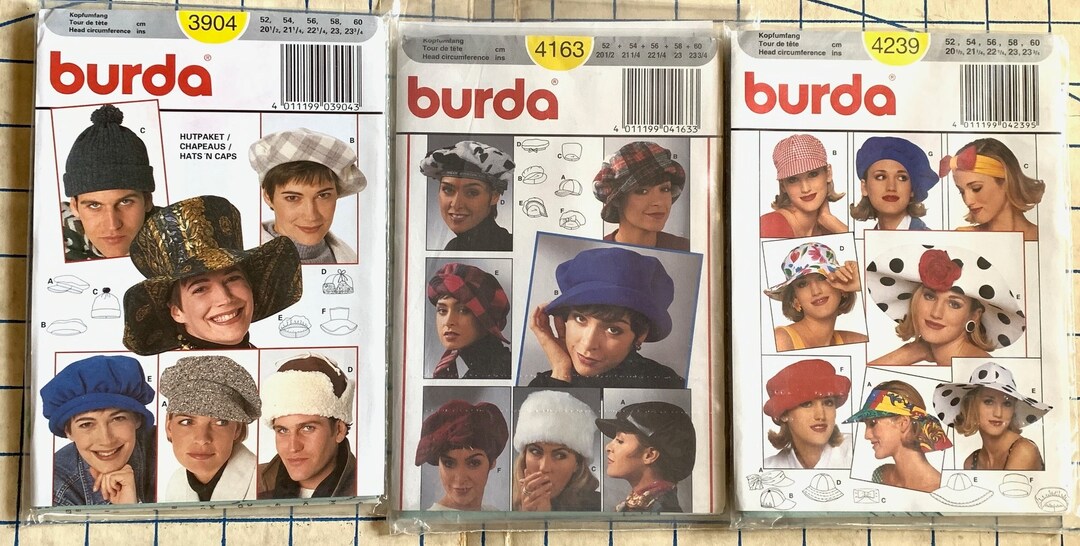 Choice of UNCUT Burda Hats and Caps 3904 4163 or 4239, All Fit Size 20 ...