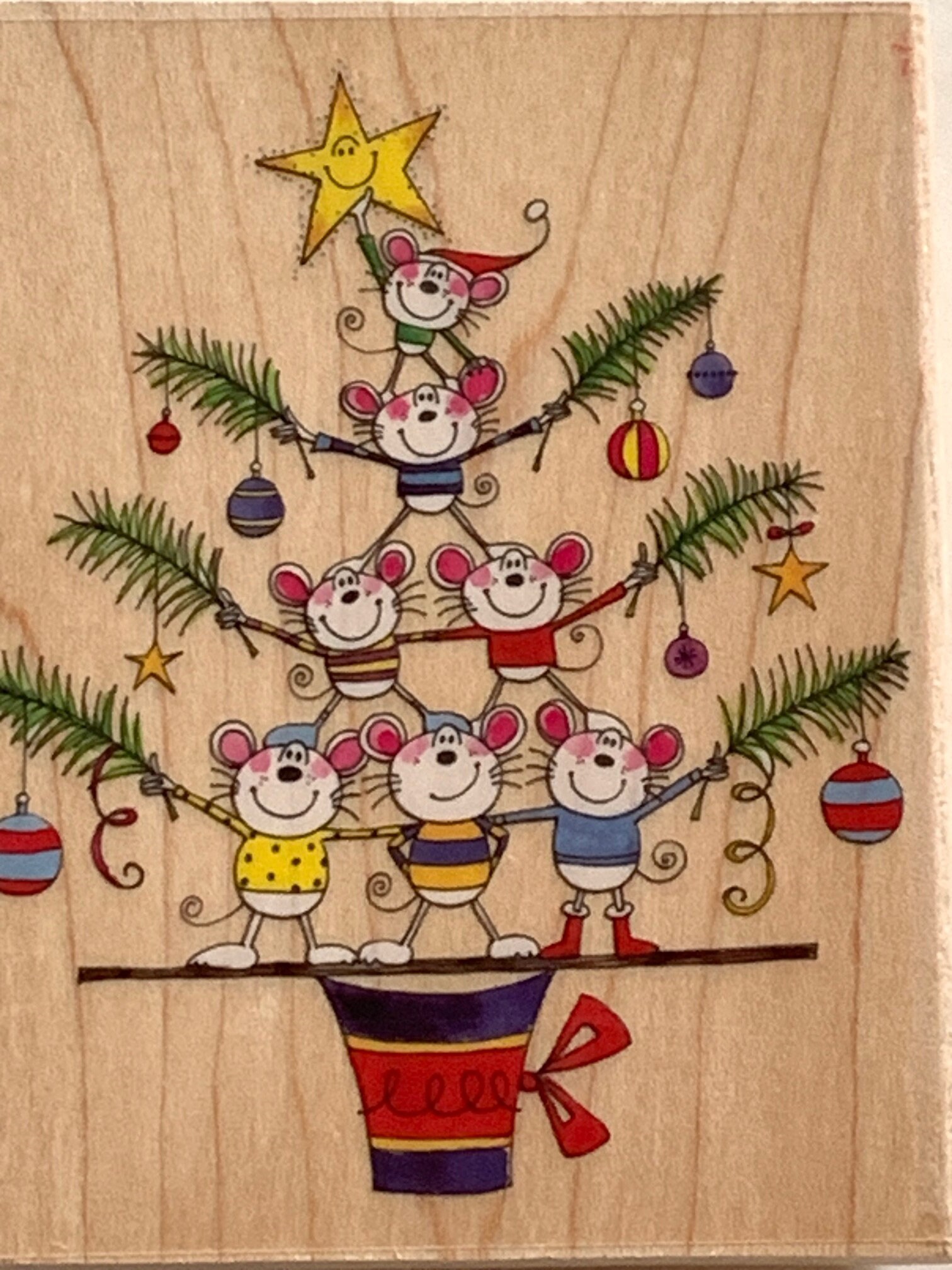 Christmas Troupe Whimsical Mice Tree Rubber Stamp Mounted on Wood ...
