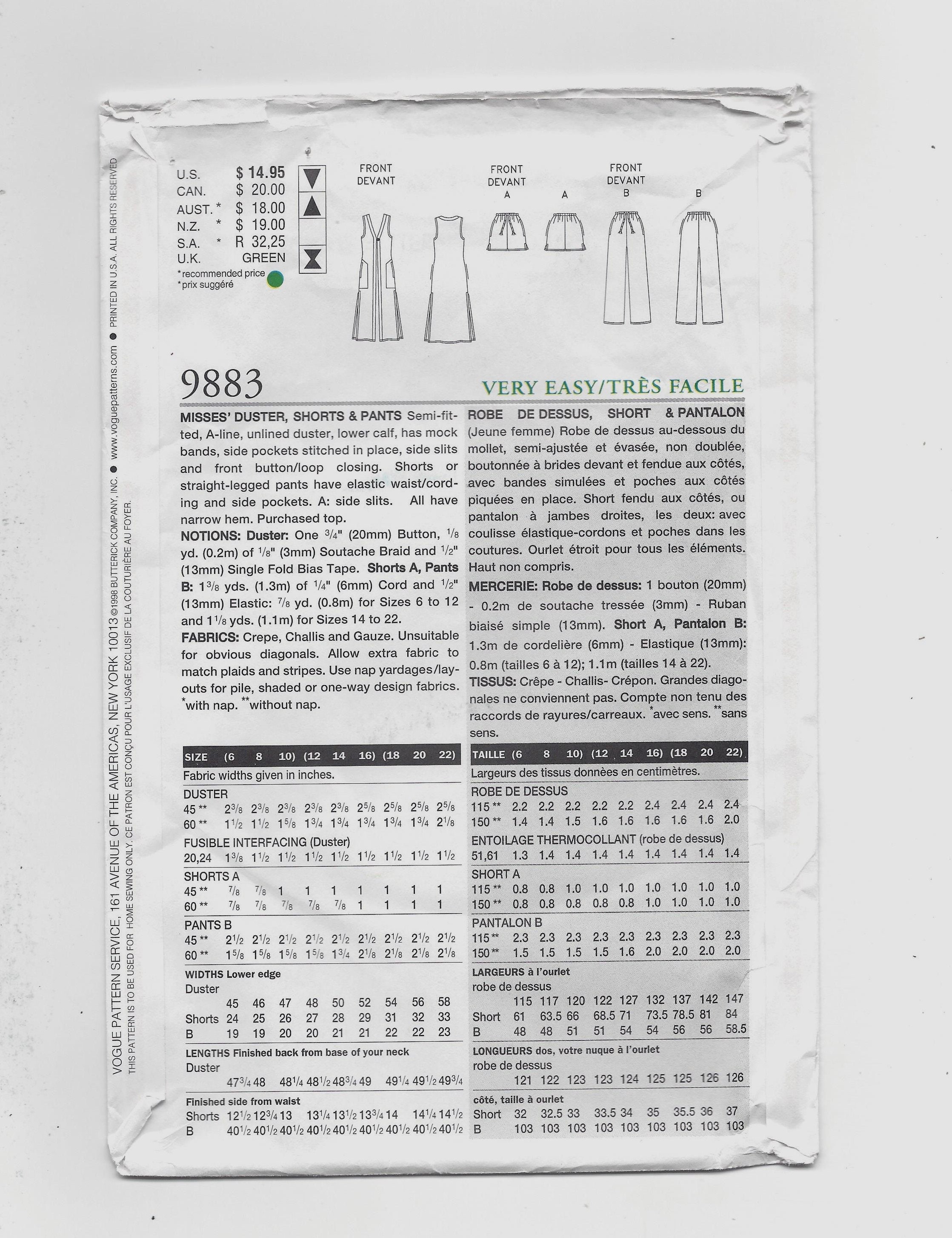 UNCUT 1990s Vogue 9883 Lower Calf Duster Elastic Waist Shorts and Pants ...