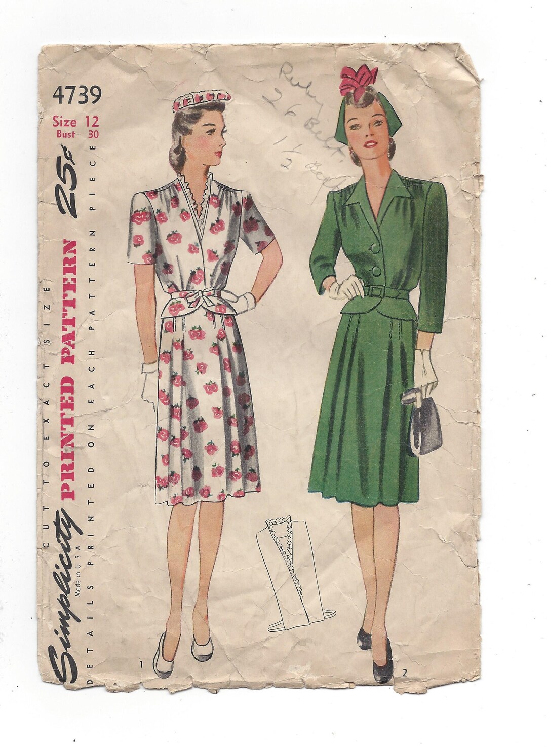 HTF 1940s Simplicity 4739 Two Piece Dress and Dickey Peplum Waist, Bust ...