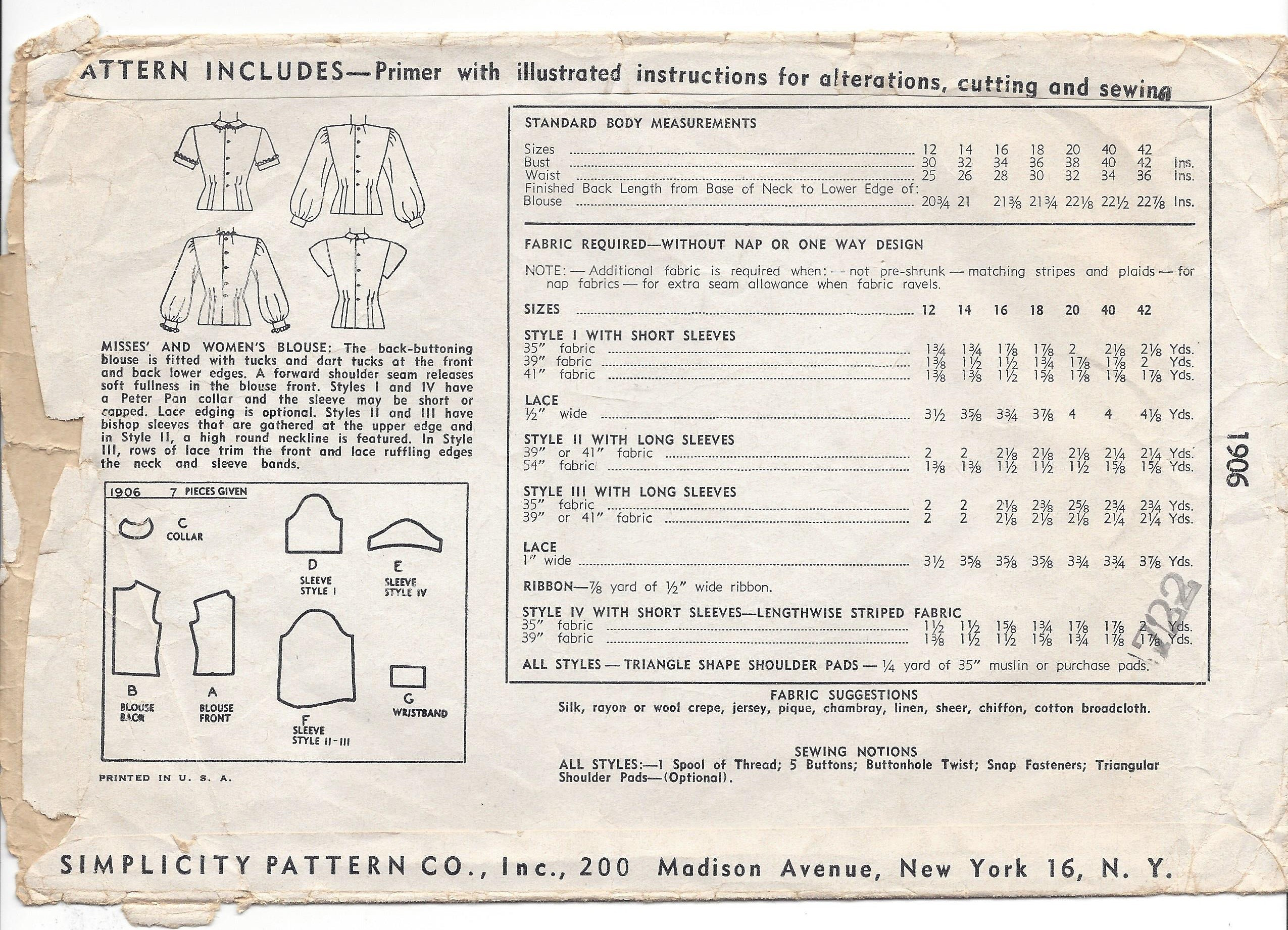 1940s Simplicity 1906, Back Button Blouses Fitted With Sleeve Options ...
