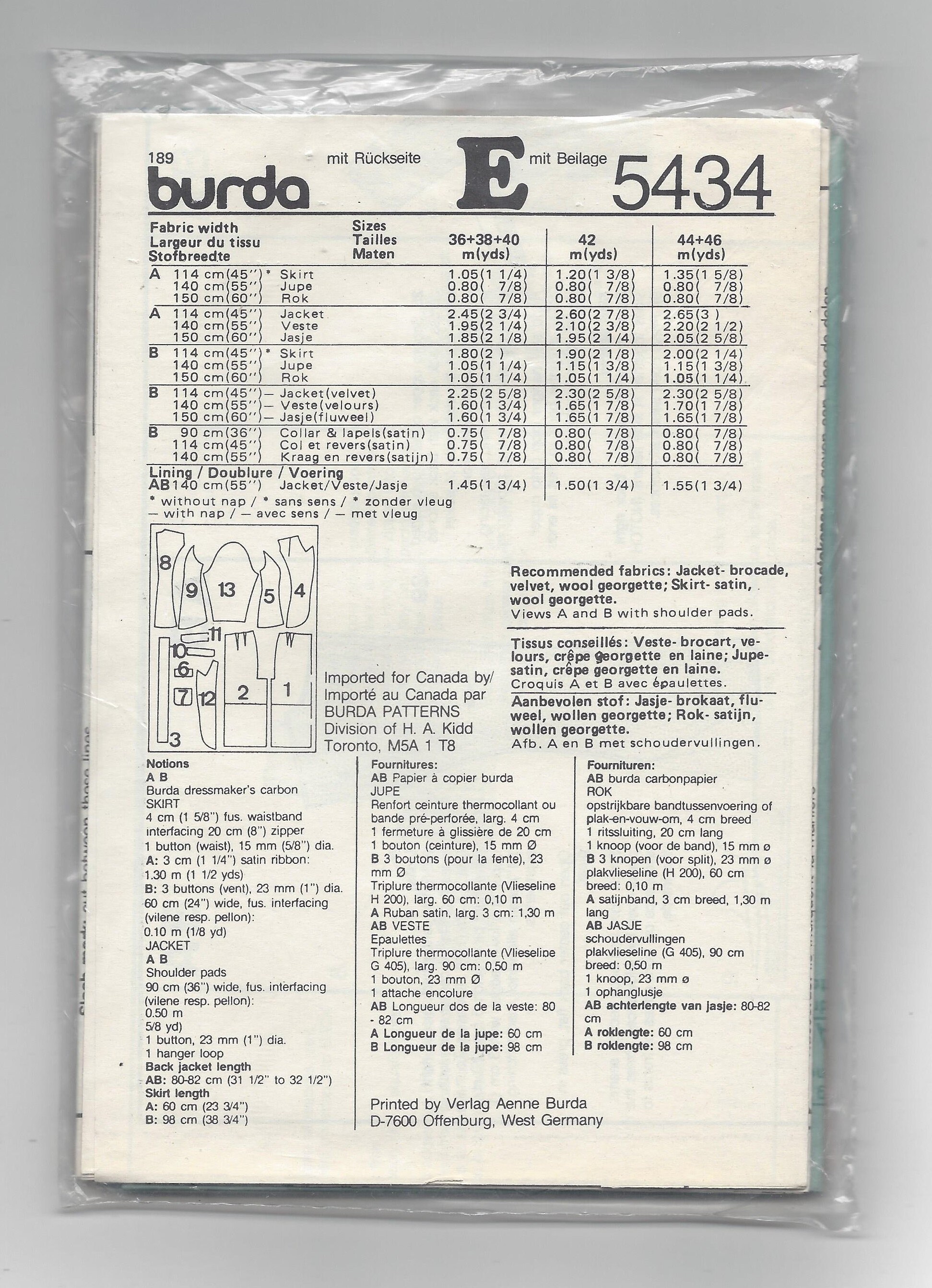 UNCUT Burda 5434 Jacket in Hip Length and Skirt in Evening or Knee ...