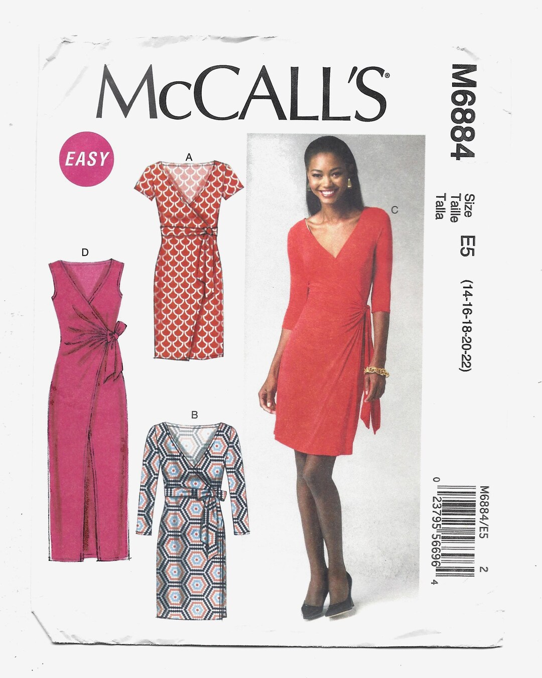 UNCUT Mccall's 6884 Mock Wrap Dress, Sizes 14 Thru 22 FF Pattern 2014 ...