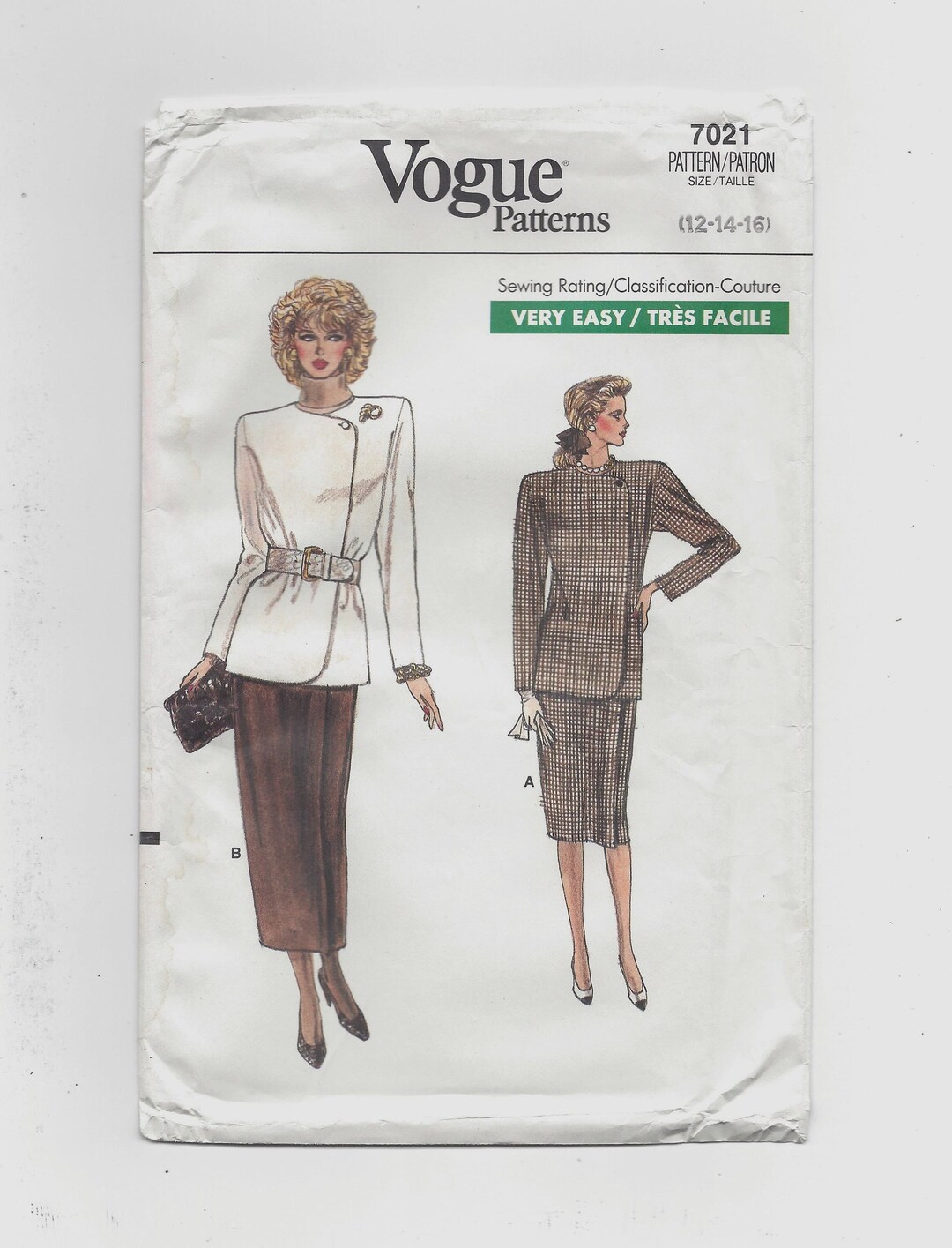 UNCUT 1980s Vogue 7021 Below Hip Jacket and Straight Wrap Skirt, Bust ...