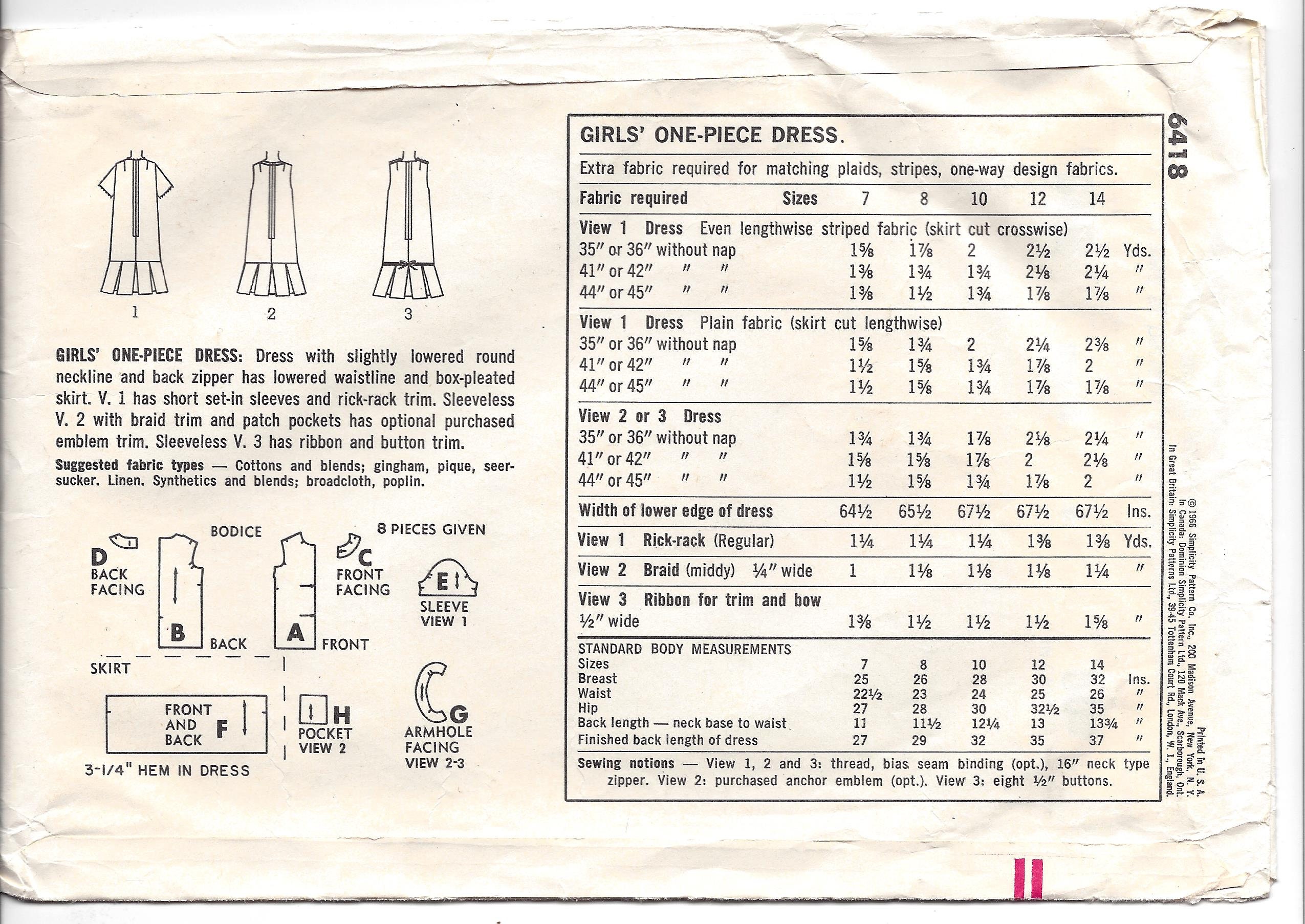 1960s Simplicity 6418 Girls' One-Piece Dress Low Waistline and Box ...